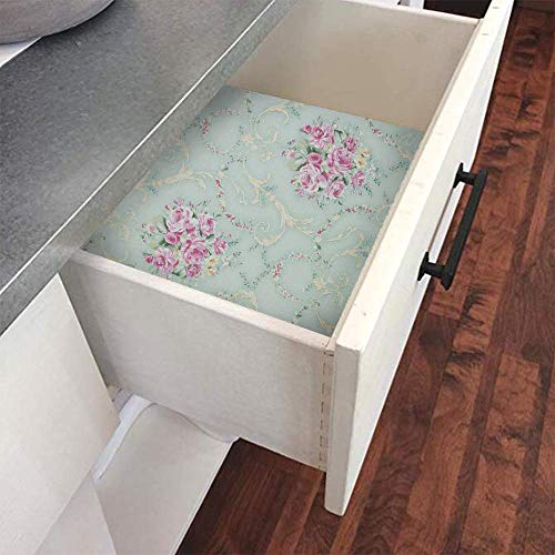 LovingWay Retro Floral Shelf Liner 17.7x177 Inch Self-Adhesive Dresser Drawer Covering Paper DIY Makeup Organizers Boxes Green Rose