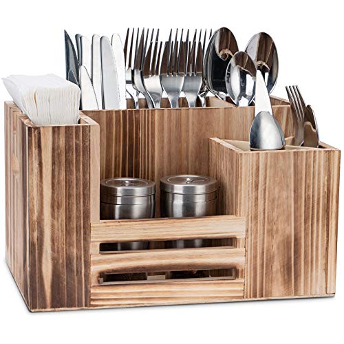 handrong Utensil Caddy Silverware Caddy Cutlery Caddy Wooden Cutlery Holder Antique Flatware Caddy Holder for Kitchen, Dining, Party, Picnics, 8 Compartments (Brown, 11.8x7.5x6.7)