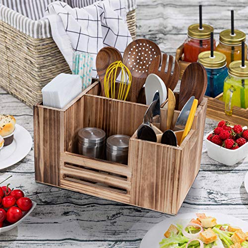 handrong Utensil Caddy Silverware Caddy Cutlery Caddy Wooden Cutlery Holder Antique Flatware Caddy Holder for Kitchen, Dining, Party, Picnics, 8 Compartments (Brown, 11.8x7.5x6.7)