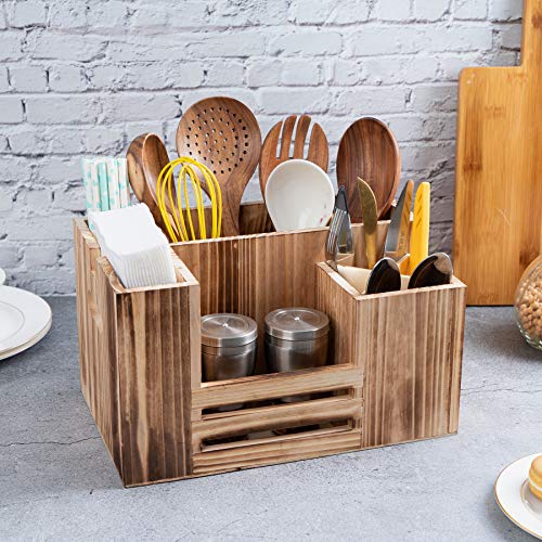 handrong Utensil Caddy Silverware Caddy Cutlery Caddy Wooden Cutlery Holder Antique Flatware Caddy Holder for Kitchen, Dining, Party, Picnics, 8 Compartments (Brown, 11.8x7.5x6.7)