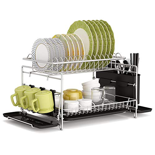 1Easylife Dish Drying Rack, 2 Tier Large Kitchen Dish Rack with Removable Drainboard, Utensil Holder and Cup Holder, Rustproof Nano Coating Dish Drainer