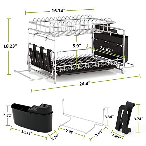 1Easylife Dish Drying Rack, 2 Tier Large Kitchen Dish Rack with Removable Drainboard, Utensil Holder and Cup Holder, Rustproof Nano Coating Dish Drainer