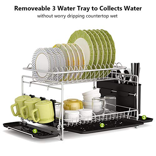 1Easylife Dish Drying Rack, 2 Tier Large Kitchen Dish Rack with Removable Drainboard, Utensil Holder and Cup Holder, Rustproof Nano Coating Dish Drainer