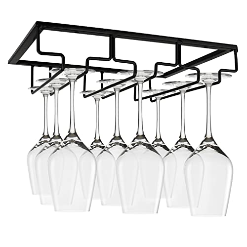 Helunsi Black Wine Glass Rack Under Cabinet Wine Glass Holder Stemware Hanging Rack Wine Glass Hangers Under Shelf Metal Storage Organizer Mountable for Kitchen Cabinet Restaurant Bar (3 Rows)