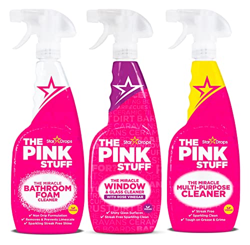 Stardrops - The Pink Stuff - The Miracle Multi-Purpose Spray, Window & Glass Cleaner, and Bathroom Foam Spray Bundle (1 Multi-Purpose Spray, 1 Window & Glass Cleaner, 1 Bathroom Foam Spray)