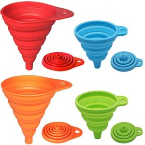 kongnai kitchen funnel set 4 pack, small and large, kitchen gadgets accessories foldable silicone collapsible funnels for filling water bottle liquid transfer food grade