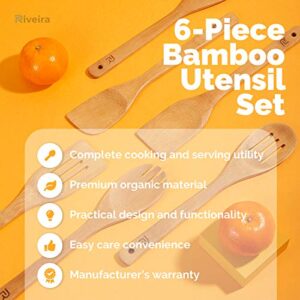 Riveira Wooden Spoons for Cooking 6-Piece Bamboo Utensil Set Apartment Essentials Wood Spatula Spoon Nonstick Kitchen Utensil Set Premium Quality Housewarming Gifts Wooden Utensils for Everyday Use