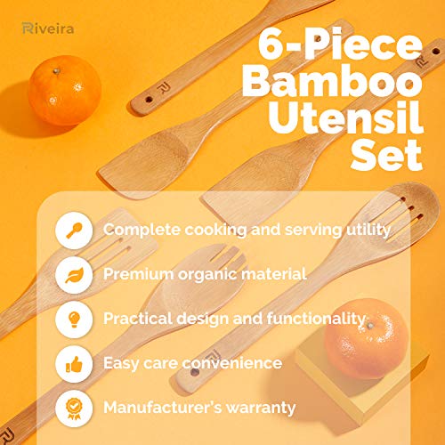 Riveira Wooden Spoons for Cooking 6-Piece Bamboo Utensil Set Apartment Essentials Wood Spatula Spoon Nonstick Kitchen Utensil Set Premium Quality Housewarming Gifts Wooden Utensils for Everyday Use