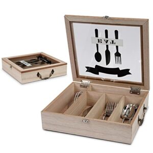 wpkltmz wooden cutlery box with lid wood cutlery organizer silverware drawer organizer with 4 compartments for spoon chopsticks storage box container for kitchen countertop dining table