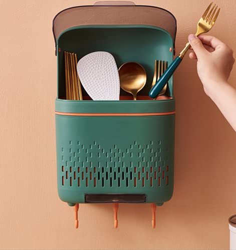 Crosslands Wall Mounted Multifunctional Spoon Fork Chopstick Storage Holder Box Tableware Shelf Organazation Rack Cutlery Drain Rack Organizer Case for Kitchen,Storage Holder-Green