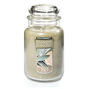 yankee candle sage & citrus scented, classic 22oz large jar single wick candle, over 110 hours of burn time