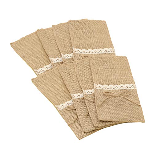 Happyyami 10pcs Burlap Lace Utensil Holders Silverware Holders Cutlery Pouch for Rustic Wedding Christmas Party Decorations Favor