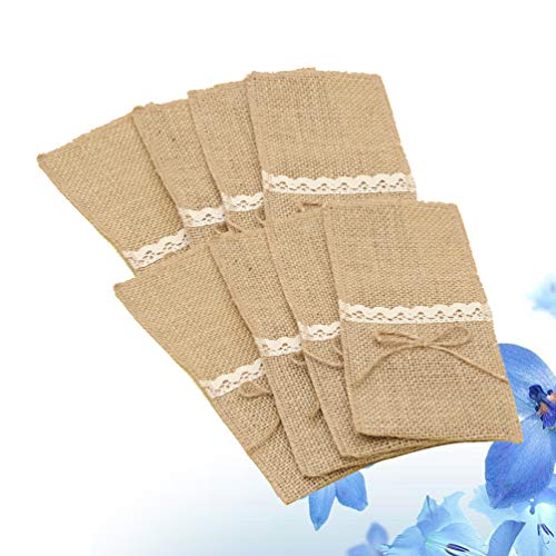 Happyyami 10pcs Burlap Lace Utensil Holders Silverware Holders Cutlery Pouch for Rustic Wedding Christmas Party Decorations Favor