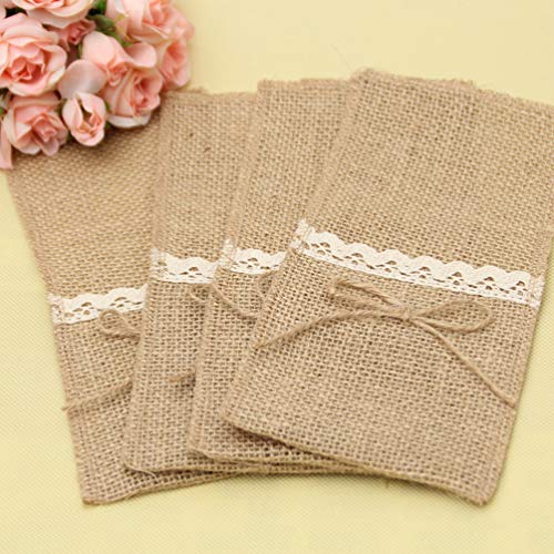 Happyyami 10pcs Burlap Lace Utensil Holders Silverware Holders Cutlery Pouch for Rustic Wedding Christmas Party Decorations Favor