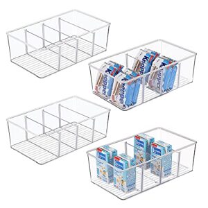 vtopmart 4 pack food storage organizer bins, clear plastic storage bins for pantry, kitchen, fridge, cabinet organization and storage, 4 compartment holder for packets, snacks, pouches, spice packets