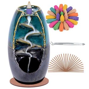 spacekeeper ceramic backflow incense holder incense burner waterfall, with 120 backflow incense cones + 30 incense stick, aromatherapy ornament home decor, blue set