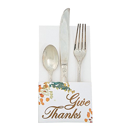 Fun Express Rustic Fall Give Thanks Silverware Holder - Set of 12 - Thanksgiving Dinner and Party Supplies