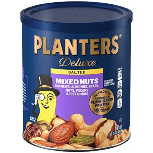 planters deluxe mixed nuts with hazelnuts, 15.25 oz. resealable canister – cashews, almonds, hazelnuts, pistachios & pecans roasted in peanut oil with sea salt – kosher savory snack