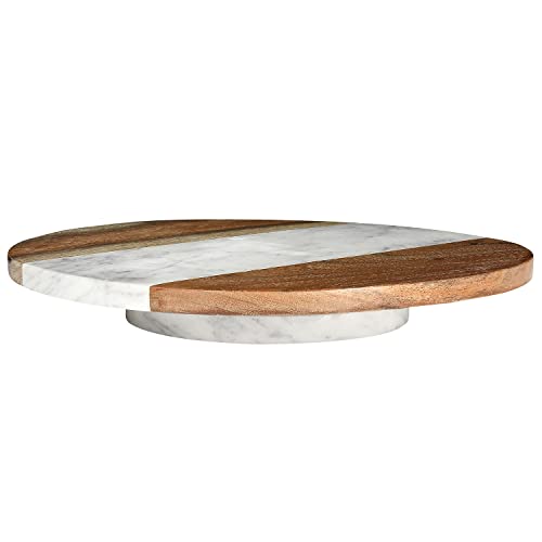 MyGift 11 Inch Deluxe Acacia Wood with White Marble Accent Lazy Susan Serving Tray - 360 Degree Rotating Spice and Condiment Display Turntable - Handcrafted in India