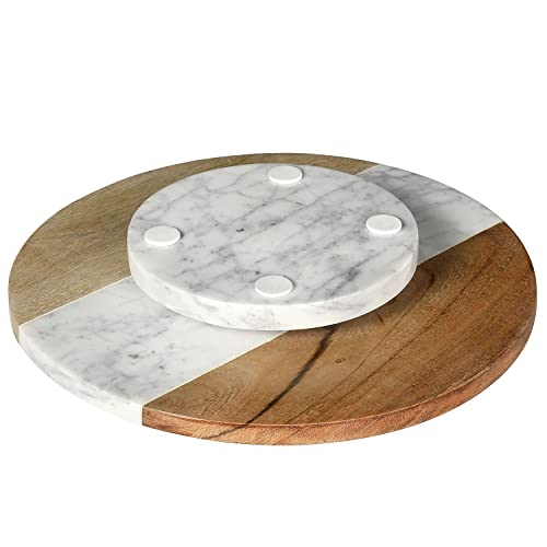 MyGift 11 Inch Deluxe Acacia Wood with White Marble Accent Lazy Susan Serving Tray - 360 Degree Rotating Spice and Condiment Display Turntable - Handcrafted in India