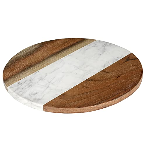 MyGift 11 Inch Deluxe Acacia Wood with White Marble Accent Lazy Susan Serving Tray - 360 Degree Rotating Spice and Condiment Display Turntable - Handcrafted in India