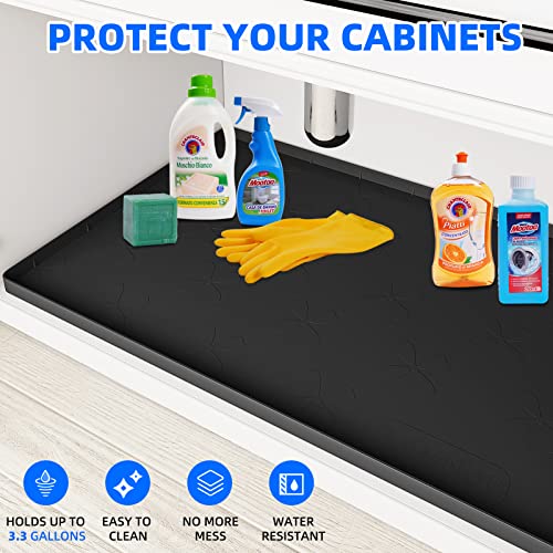 Under Sink Mat for Kitchen Waterproof, 34" x 22" Silicone Under Sink Mat Line for Kitchen and Bathroom (Black)