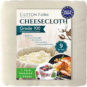 cotton farm cheesecloth, grade 100; 9* – 18-45 square feet (36×36 inch), 100% natural unbleached cotton, food grade