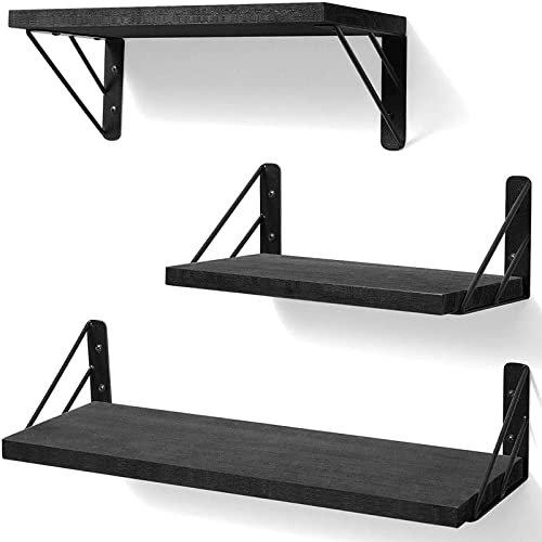 BAYKA Wall Shelves for Bedroom Decor, Floating Wall Shelves for Living Room Kitchen Storage, Wall Mounted Rustic Wood Floating Shelves for Kids Books, Small Shelf for Bathroom(Black，Set of 3)