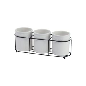 creative co-op farmhouse ceramic crocks in metal holder, white and black