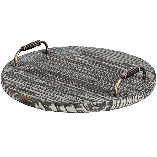 MyGift Round Rotating Serving Tray, Rustic Torched Wood Lazy Susan Turntable with Vintage Brass Side Handles