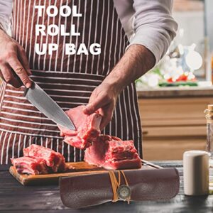 BESTonZON Chefs Knife Roll Bag, Waxed Canvas Knife Cultery Carrier, Portable Chef Knife Cases, Knife Holders With 5 Slots, And Durable Pocket Knives Leather Bag Storage Organizer