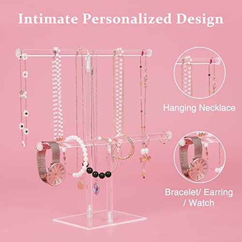 Jewelry Stand Necklace Holder, Acrylic Jewelry Display Holder, Necklace and Bracelet Hanging Organizer, Clear 2-Tier Tower Stand for Bangles, Necklaces, Bracelets, Rings, Earrings and Watch