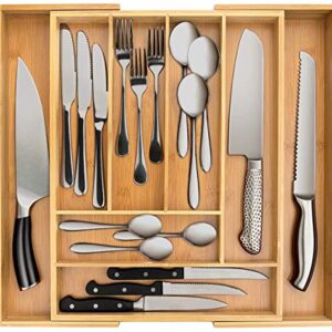 Realm Bamboo Deep Expandable Silverware Organizer | Neatly Stow Cutlery and Utensils in this 6 to 8 Compartment Flatware Tray | Designed For Better Kitchen Drawer Organization | Natural Color Holder