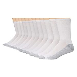 Hanes Mens Double Tough Socks, 12-pair Pack Crew Socks, White/Grey Foot Bottom, 6-12