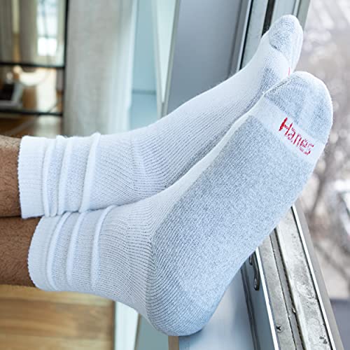 Hanes Mens Double Tough Socks, 12-pair Pack Crew Socks, White/Grey Foot Bottom, 6-12