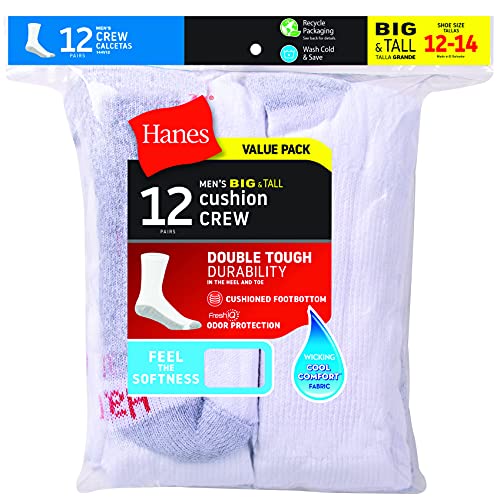 Hanes Mens Double Tough Socks, 12-pair Pack Crew Socks, White/Grey Foot Bottom, 6-12