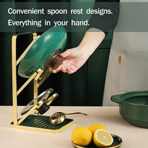 Stand Pot Lid Rack Organizer Pan Holder Spatula Cover Storage Spoon Utensil Rest for Cabinet Kitchen Countertop Cutting Boards Golden Green