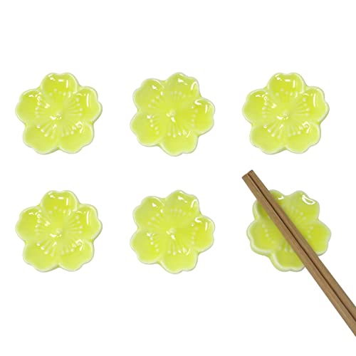 Honbay 6PCS Elegant Cherry Blossom Ceramic Chopsticks Rest Rack Stand Holder for Chopsticks, Forks, Spoons, Knives, Paint Brushes (Yellow)