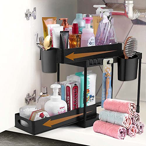 Meltset Under Sink Organizers and Storage 2 Tier Under Cabinet Organizer for Kitchen Bathroom Under Sink Shelf with Hooks, Hanging Cups, Multi-Purpose Sliding Cabinet Basket Organizer Drawer, Black