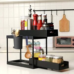 Meltset Under Sink Organizers and Storage 2 Tier Under Cabinet Organizer for Kitchen Bathroom Under Sink Shelf with Hooks, Hanging Cups, Multi-Purpose Sliding Cabinet Basket Organizer Drawer, Black