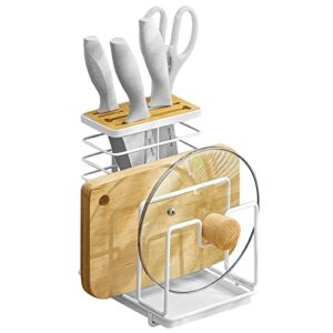 poeland cutting boards knife organizer, 3 in 1 kitchen organizer rack, kitchen utensils rack chopping boards/knives/pot pan lid storage with drip tray, white