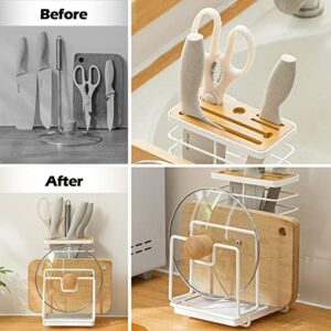 Poeland Cutting Boards Knife Organizer, 3 in 1 Kitchen Organizer Rack, Kitchen Utensils Rack Chopping Boards/Knives/Pot Pan Lid Storage with Drip Tray, White