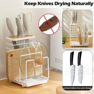 Poeland Cutting Boards Knife Organizer, 3 in 1 Kitchen Organizer Rack, Kitchen Utensils Rack Chopping Boards/Knives/Pot Pan Lid Storage with Drip Tray, White