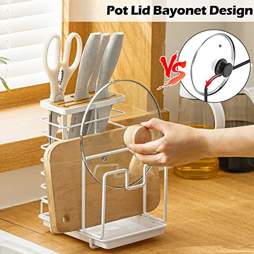 Poeland Cutting Boards Knife Organizer, 3 in 1 Kitchen Organizer Rack, Kitchen Utensils Rack Chopping Boards/Knives/Pot Pan Lid Storage with Drip Tray, White