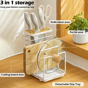 Poeland Cutting Boards Knife Organizer, 3 in 1 Kitchen Organizer Rack, Kitchen Utensils Rack Chopping Boards/Knives/Pot Pan Lid Storage with Drip Tray, White