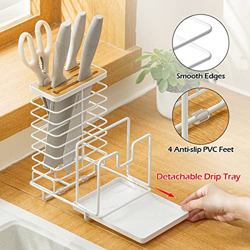 Poeland Cutting Boards Knife Organizer, 3 in 1 Kitchen Organizer Rack, Kitchen Utensils Rack Chopping Boards/Knives/Pot Pan Lid Storage with Drip Tray, White