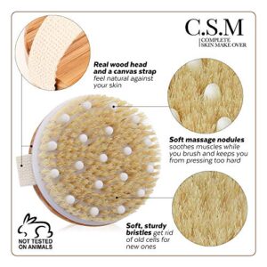 CSM Dry Body Brush for Beautiful Skin - Solid Wood Frame & Boar Hair Exfoliating Brush to Exfoliate & Soften Skin, Improve Circulation, Stop Ingrown Hairs, Reduce Acne and Cellulite