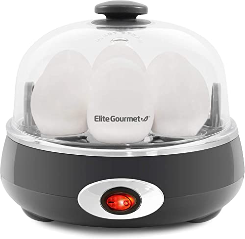 Elite Gourmet EGC007CHC# Rapid Egg Cooker, 7 Easy-To-Peel, Hard, Medium, Soft Boiled Eggs, Poacher, Omelet Maker, Auto Shut-Off, Alarm, 16-Recipe Booklet, Charcoal Grey