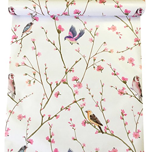 Yifely Peel & Stick Shelf Liner Removable Shelving Paper for Covering Apartment Old Nightstand Closet, Peach Birds, 17.7 Inch by 9.8 Feet