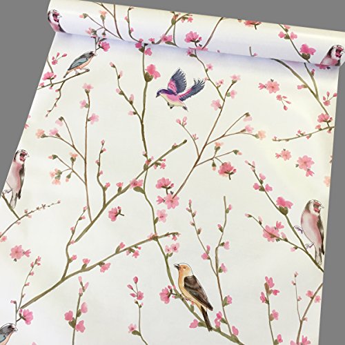 Yifely Peel & Stick Shelf Liner Removable Shelving Paper for Covering Apartment Old Nightstand Closet, Peach Birds, 17.7 Inch by 9.8 Feet